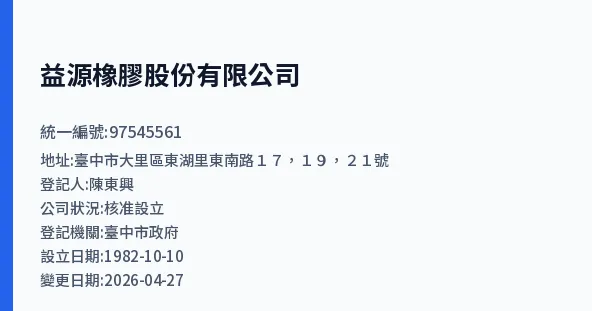益源橡膠股份有限公司的照片-統編 97545561(臺中市) 公司登記資料與營業項目詳細圖表