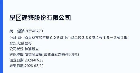 昰囸建築股份有限公司的照片-統編 97546273(彰化縣) 公司登記資料與營業項目詳細圖表