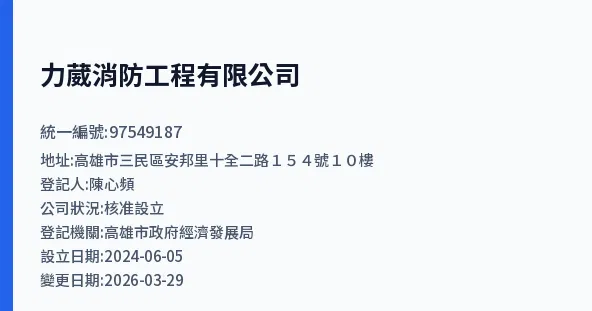 力葳消防工程有限公司的照片-統編 97549187(高雄市) 公司登記資料與營業項目詳細圖表