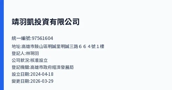 靖羽凱投資有限公司的照片-統編 97561604(高雄市) 公司登記資料與營業項目詳細圖表