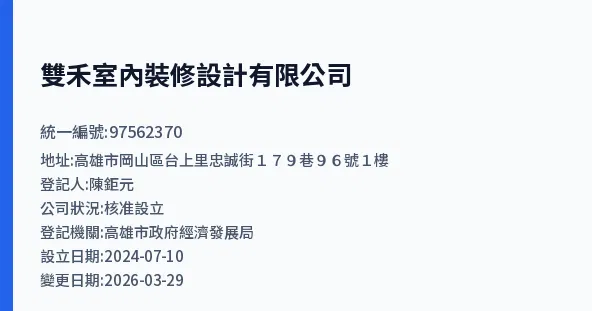雙禾室內裝修設計有限公司的照片-統編 97562370(高雄市) 公司登記資料與營業項目詳細圖表