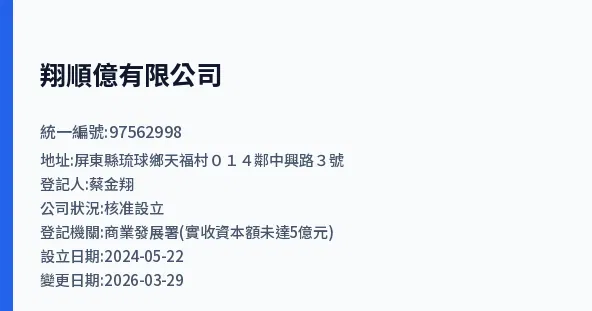 翔順億有限公司的照片-統編 97562998(屏東縣) 公司登記資料與營業項目詳細圖表