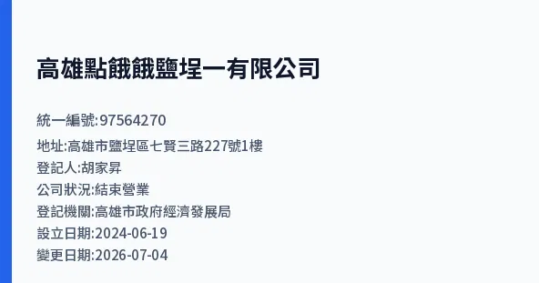 高雄點餓餓鹽埕一有限公司的照片-統編 97564270(高雄市) 公司登記資料與營業項目詳細圖表