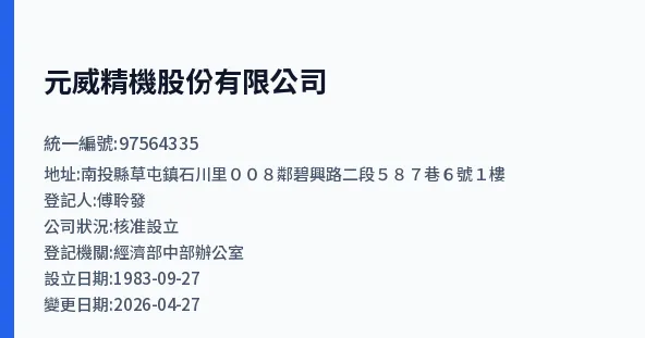 元威精機股份有限公司的照片-統編 97564335(南投縣) 公司登記資料與營業項目詳細圖表