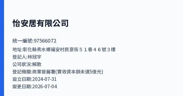 怡安居有限公司的照片-統編 97566072(彰化縣) 公司登記資料與營業項目詳細圖表