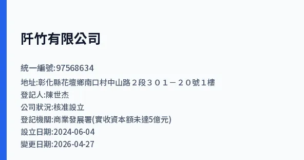 阡竹有限公司的照片-統編 97568634(彰化縣) 公司登記資料與營業項目詳細圖表