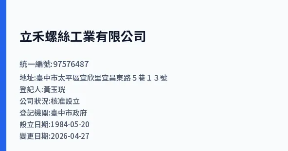 立禾螺絲工業有限公司的照片-統編 97576487(臺中市) 公司登記資料與營業項目詳細圖表