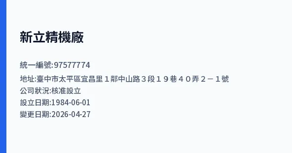 新立精機廠的照片-統編 97577774(臺中市) 公司登記資料與營業項目詳細圖表