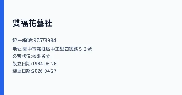 雙福花藝社的照片-統編 97578984(臺中市) 公司登記資料與營業項目詳細圖表