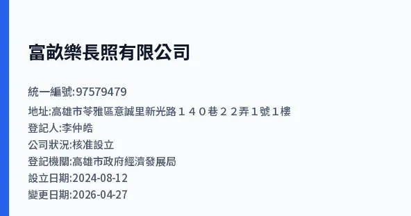富畝樂長照有限公司的照片-統編 97579479(高雄市) 公司登記資料與營業項目詳細圖表