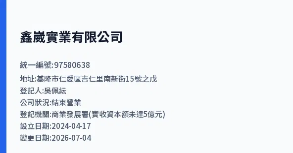 鑫崴實業有限公司的照片-統編 97580638(基隆市) 公司登記資料與營業項目詳細圖表