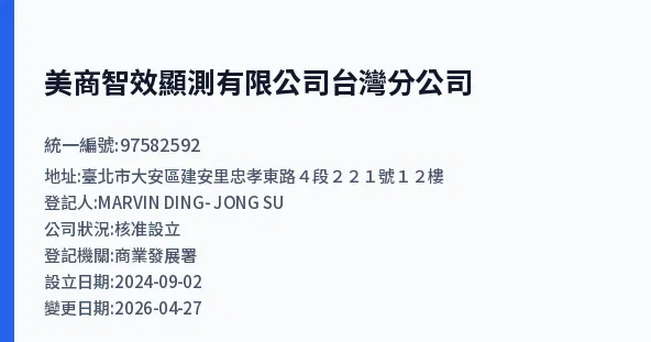 美商智效顯測有限公司台灣分公司的照片-統編 97582592(臺北市) 公司登記資料與營業項目詳細圖表