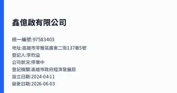 鑫億啟有限公司的照片-統編 97583403(高雄市) 公司登記資料與營業項目詳細圖表