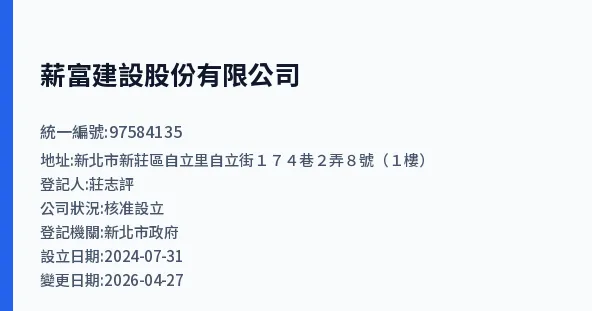 薪富建設股份有限公司的照片-統編 97584135(新北市) 公司登記資料與營業項目詳細圖表