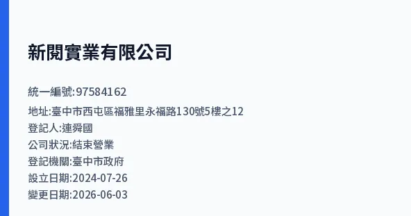 新閱實業有限公司的照片-統編 97584162(臺中市) 公司登記資料與營業項目詳細圖表