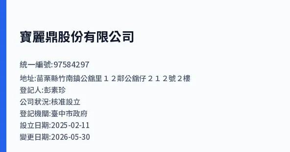 寶麗鼎股份有限公司的照片-統編 97584297(臺中市) 公司登記資料與營業項目詳細圖表