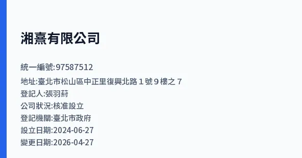 湘熹有限公司的照片-統編 97587512(臺北市) 公司登記資料與營業項目詳細圖表