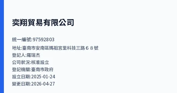 奕翔貿易有限公司的照片-統編 97592803(臺南市) 公司登記資料與營業項目詳細圖表