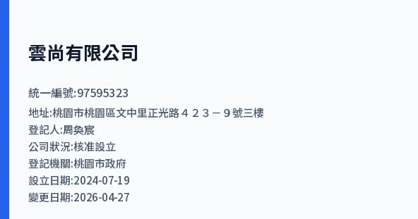 雲尚有限公司的照片-統編 97595323(桃園市) 公司登記資料與營業項目詳細圖表