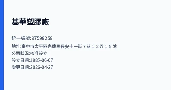 基華塑膠廠的照片-統編 97598258(臺中市) 公司登記資料與營業項目詳細圖表