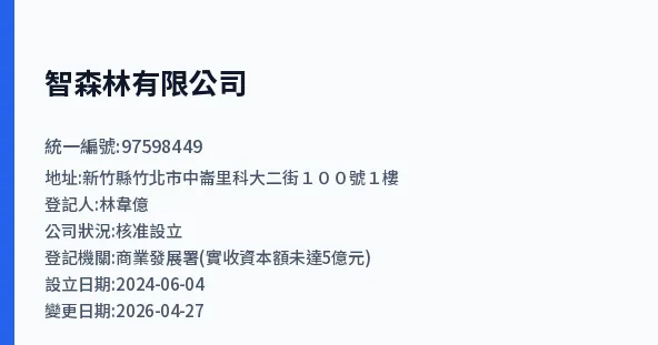 智森林有限公司的照片-統編 97598449(新竹縣) 公司登記資料與營業項目詳細圖表