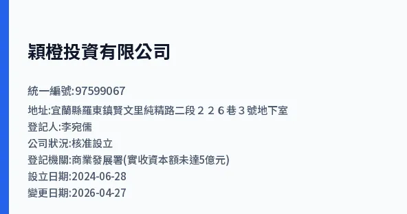 穎橙投資有限公司的照片-統編 97599067(宜蘭縣) 公司登記資料與營業項目詳細圖表