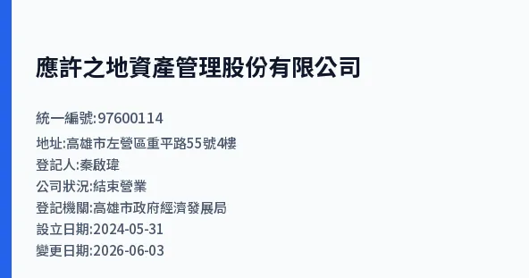 應許之地資產管理股份有限公司的照片-統編 97600114(高雄市) 公司登記資料與營業項目詳細圖表