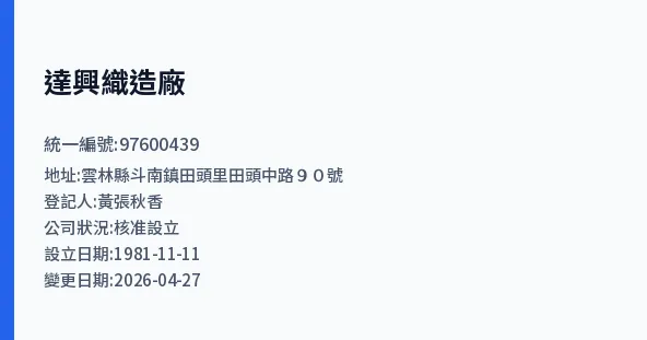 達興織造廠的照片-統編 97600439(雲林縣) 公司登記資料與營業項目詳細圖表