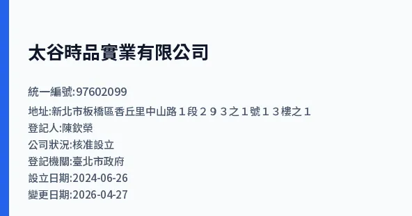 太谷時品實業有限公司的照片-統編 97602099(新北市) 公司登記資料與營業項目詳細圖表