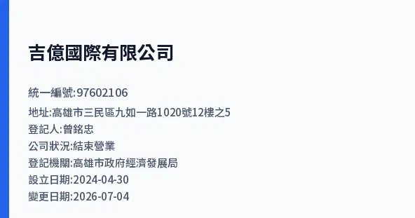 吉億國際有限公司的照片-統編 97602106(高雄市) 公司登記資料與營業項目詳細圖表