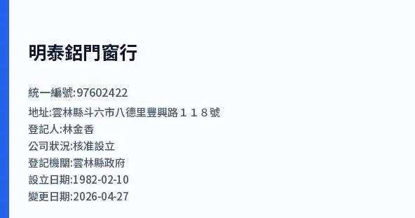 明泰鋁門窗行的照片-統編 97602422(雲林縣) 公司登記資料與營業項目詳細圖表
