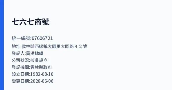 七六七商號的照片-統編 97606721(雲林縣) 公司登記資料與營業項目詳細圖表