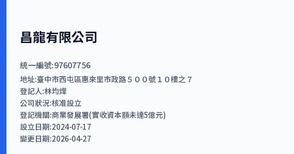 昌龍有限公司的照片-統編 97607756(臺中市) 公司登記資料與營業項目詳細圖表