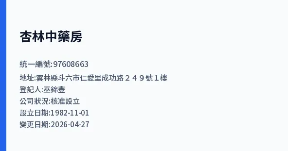 杏林中藥房的照片-統編 97608663(雲林縣) 公司登記資料與營業項目詳細圖表