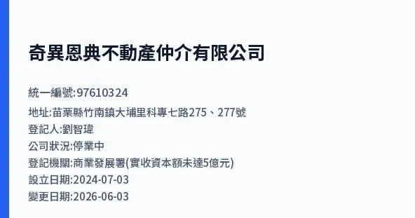 奇異恩典不動產仲介有限公司的照片-統編 97610324(苗栗縣) 公司登記資料與營業項目詳細圖表