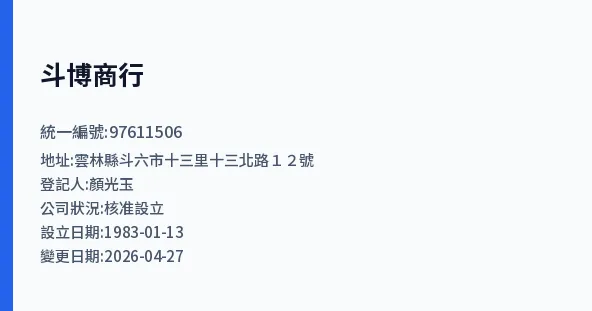 斗博商行的照片-統編 97611506(雲林縣) 公司登記資料與營業項目詳細圖表