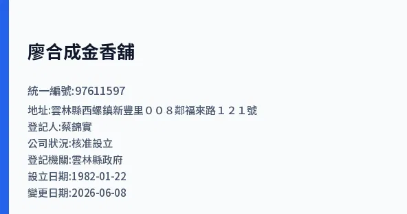 廖合成金香舖的照片-統編 97611597(雲林縣) 公司登記資料與營業項目詳細圖表