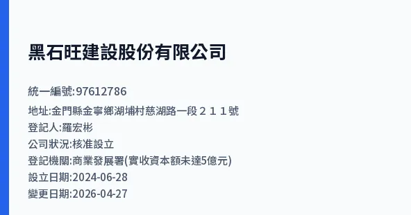 黑石旺建設股份有限公司的照片-統編 97612786(金門縣) 公司登記資料與營業項目詳細圖表