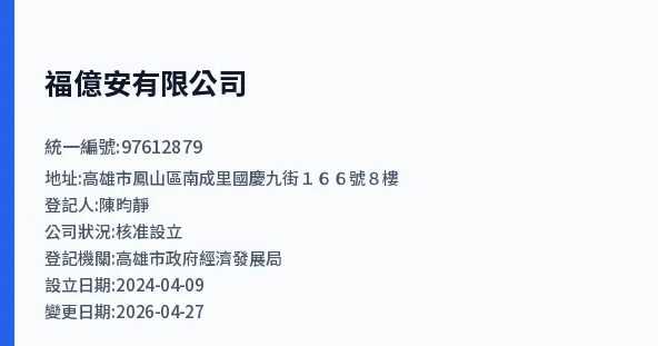 福億安有限公司的照片-統編 97612879(高雄市) 公司登記資料與營業項目詳細圖表