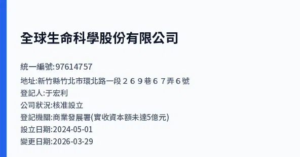 全球生命科學股份有限公司的照片-統編 97614757(新竹縣) 公司登記資料與營業項目詳細圖表