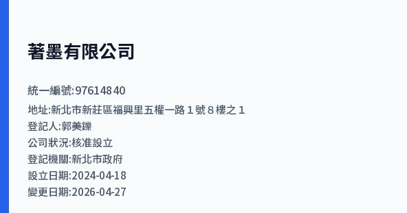 著墨有限公司的照片-統編 97614840(新北市) 公司登記資料與營業項目詳細圖表