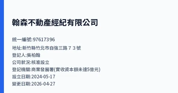 翰森不動產經紀有限公司的照片-統編 97617396(新竹縣) 公司登記資料與營業項目詳細圖表