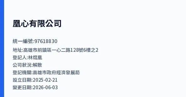 凰心有限公司的照片-統編 97618830(高雄市) 公司登記資料與營業項目詳細圖表