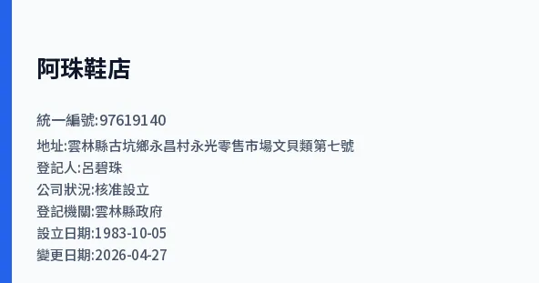 阿珠鞋店的照片-統編 97619140(雲林縣) 公司登記資料與營業項目詳細圖表