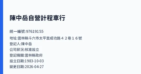 陳中岳自營計程車行的照片-統編 97619155(雲林縣) 公司登記資料與營業項目詳細圖表