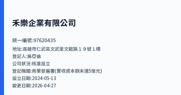 禾樂企業有限公司的照片-統編 97620435(高雄市) 公司登記資料與營業項目詳細圖表
