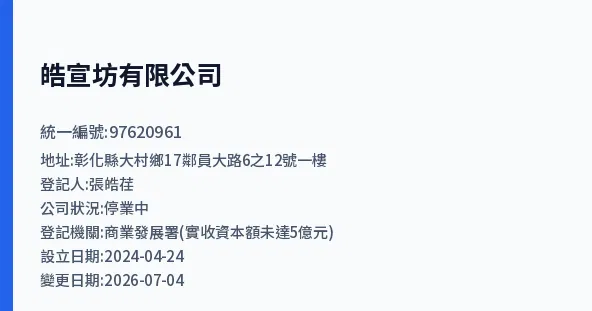皓宣坊有限公司的照片-統編 97620961(彰化縣) 公司登記資料與營業項目詳細圖表