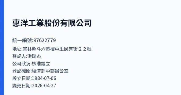 惠洋工業股份有限公司的照片-統編 97622779(雲林縣) 公司登記資料與營業項目詳細圖表