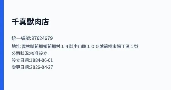千真獸肉店的照片-統編 97624679(雲林縣) 公司登記資料與營業項目詳細圖表