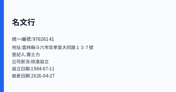名文行的照片-統編 97626141(雲林縣) 公司登記資料與營業項目詳細圖表